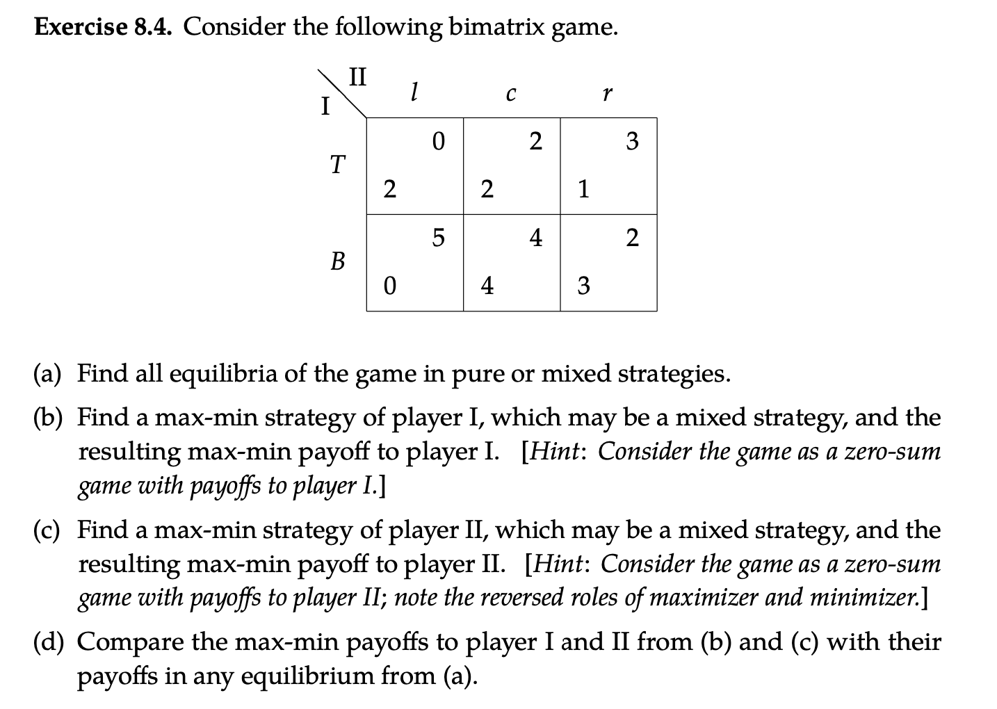 Exercise 8.4. Consider the following bimatrix game. | Chegg.com