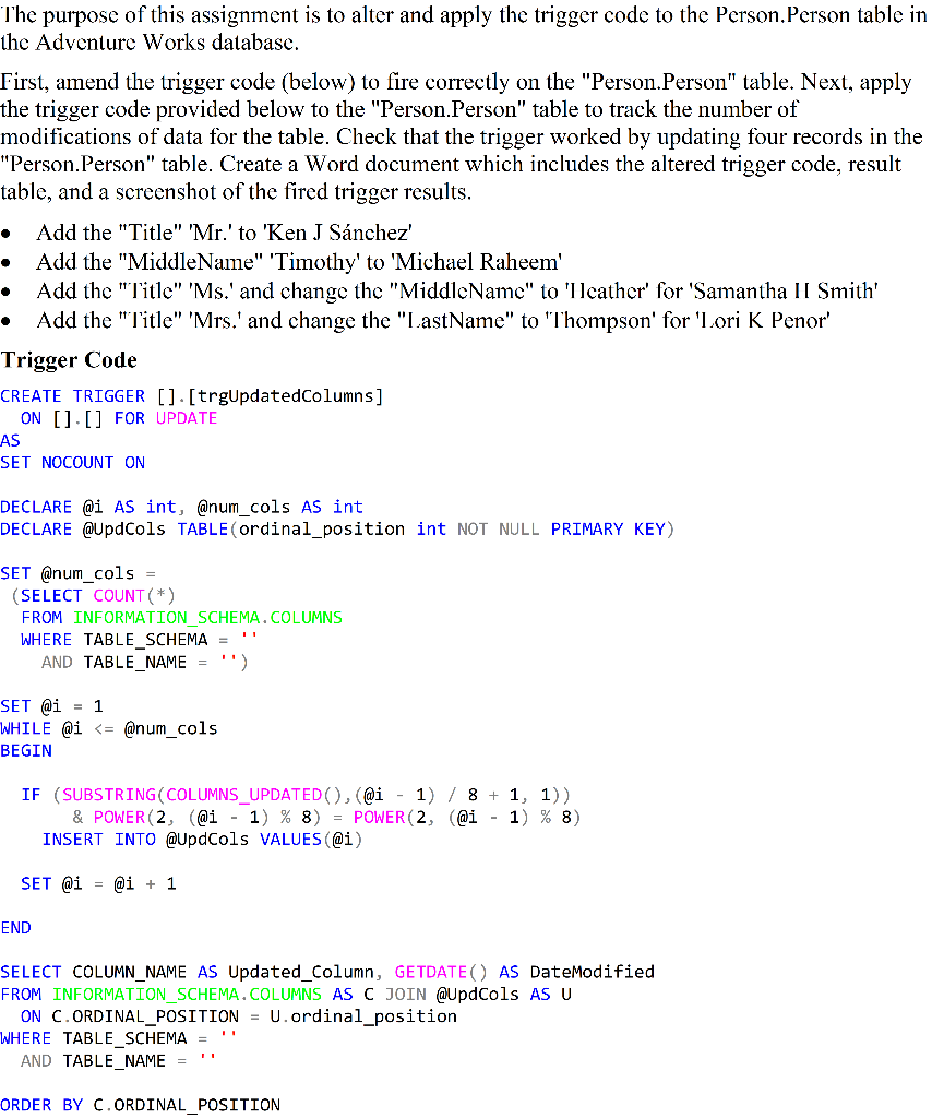 (Solved) : Lhe Purpose Assignment Alter Apply Trigger Code Person ... (Solved) : Lhe Purpose Assignment Alter Apply Trigger Code Person ...