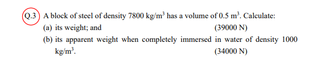 Solved 3) A block of steel of density 7800 kg/m3 has a | Chegg.com