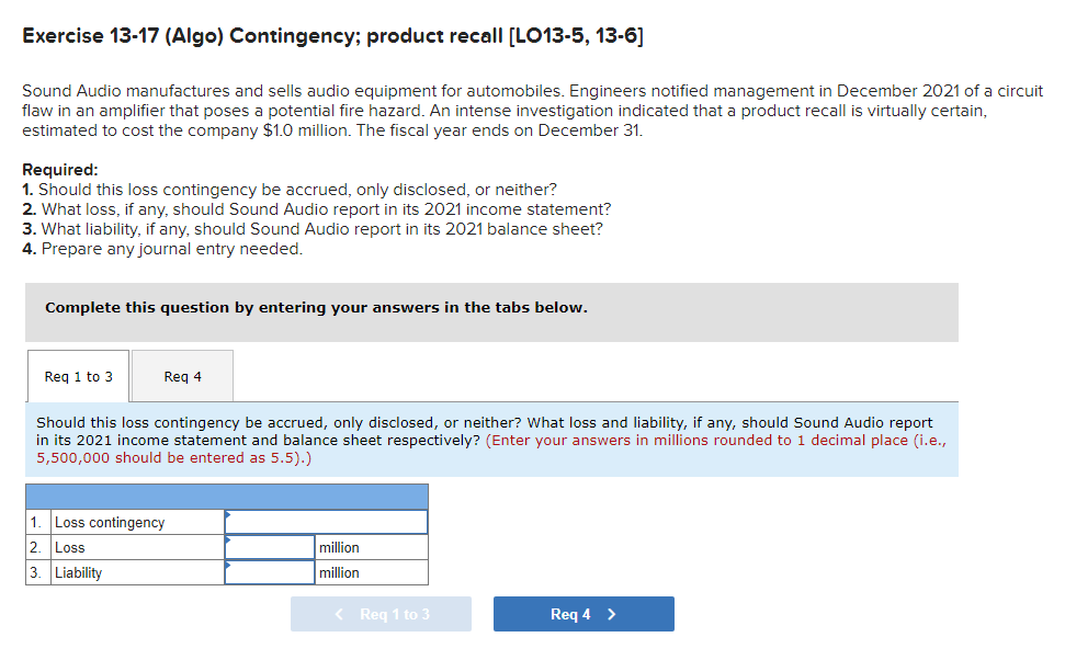 Solved Exercise 13-17 (Algo) Contingency; product recall | Chegg.com