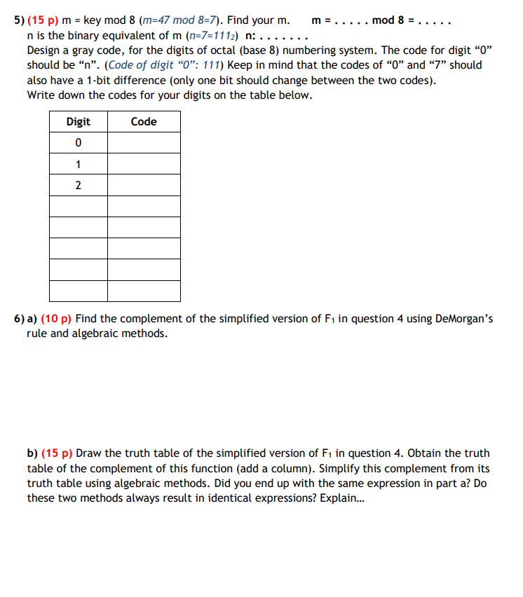 Solved 5) (15p)m= key mod8(m=47mod8=7). Find your | Chegg.com