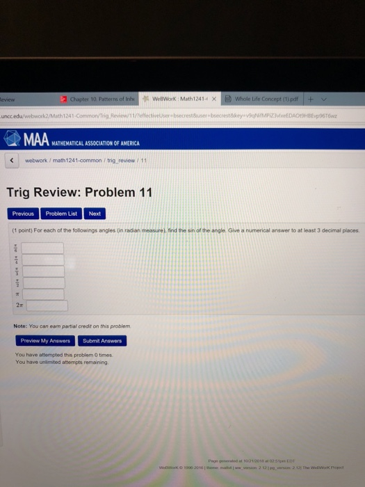 Solved hapter 10 Patterns of Into * WeBWorK : Math 1241-(X B | Chegg.com