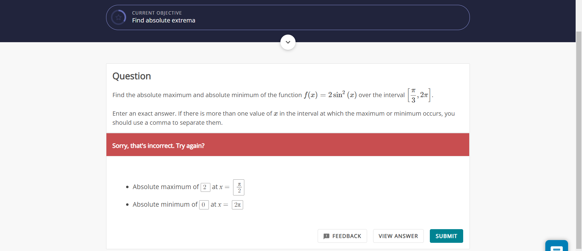 Solved CURRENT OBJECTIVE Find absolute extrema Question Find | Chegg.com
