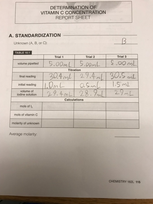Determination of Vitamin C Concentration by Titration Lab Report ...
