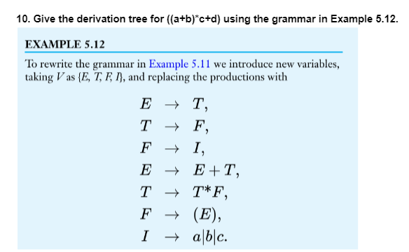 Solved 10. Give the derivation tree for ((a+b)∗c+d) using | Chegg.com