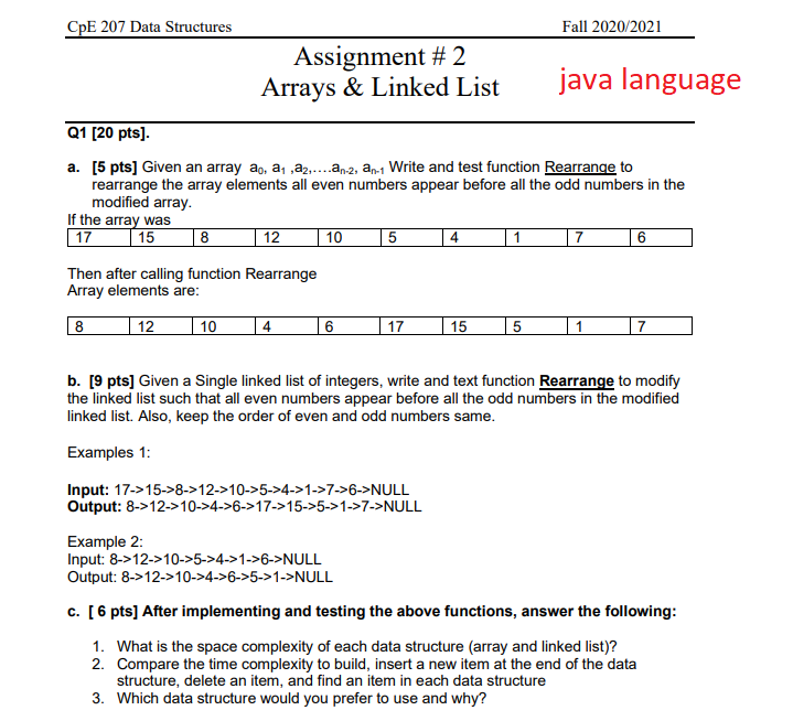 CpE 207 Data Structures Fall 2020/2021 Assignment #2 | Chegg.com