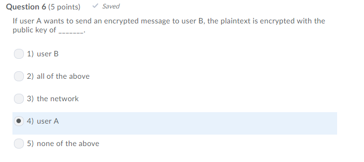 Solved Question 6 (5 points) Saved If user A wants to send | Chegg.com
