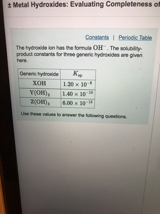 Solved Metal Hydroxides: Evaluating Completeness of | Chegg.com