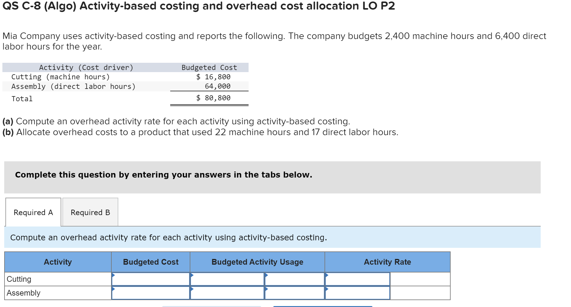 Solved QS C-8 (Algo) Activity-based costing and overhead | Chegg.com