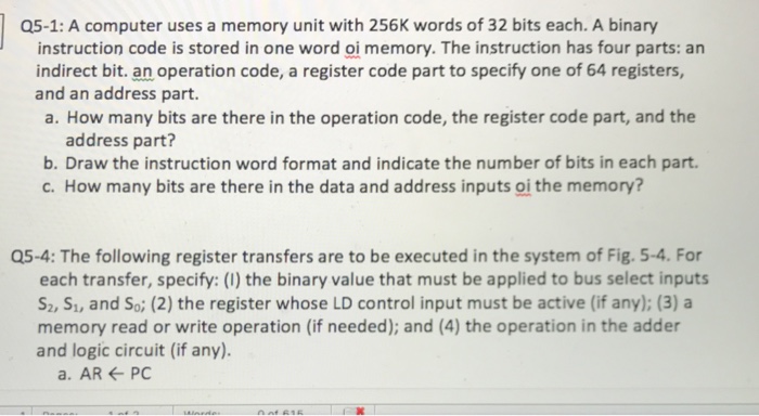 Solved Q5 1 A Computer Uses A Memory Unit With 256k Words 