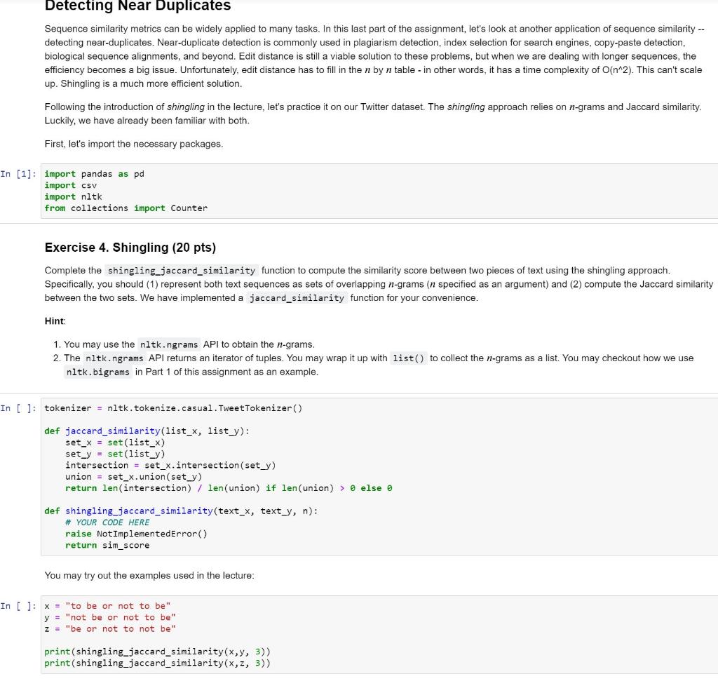 Detecting Near Duplicates Sequence similarity metrics | Chegg.com