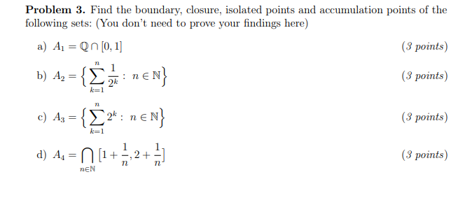 Solved Problem 3. Find the boundary, closure, isolated | Chegg.com
