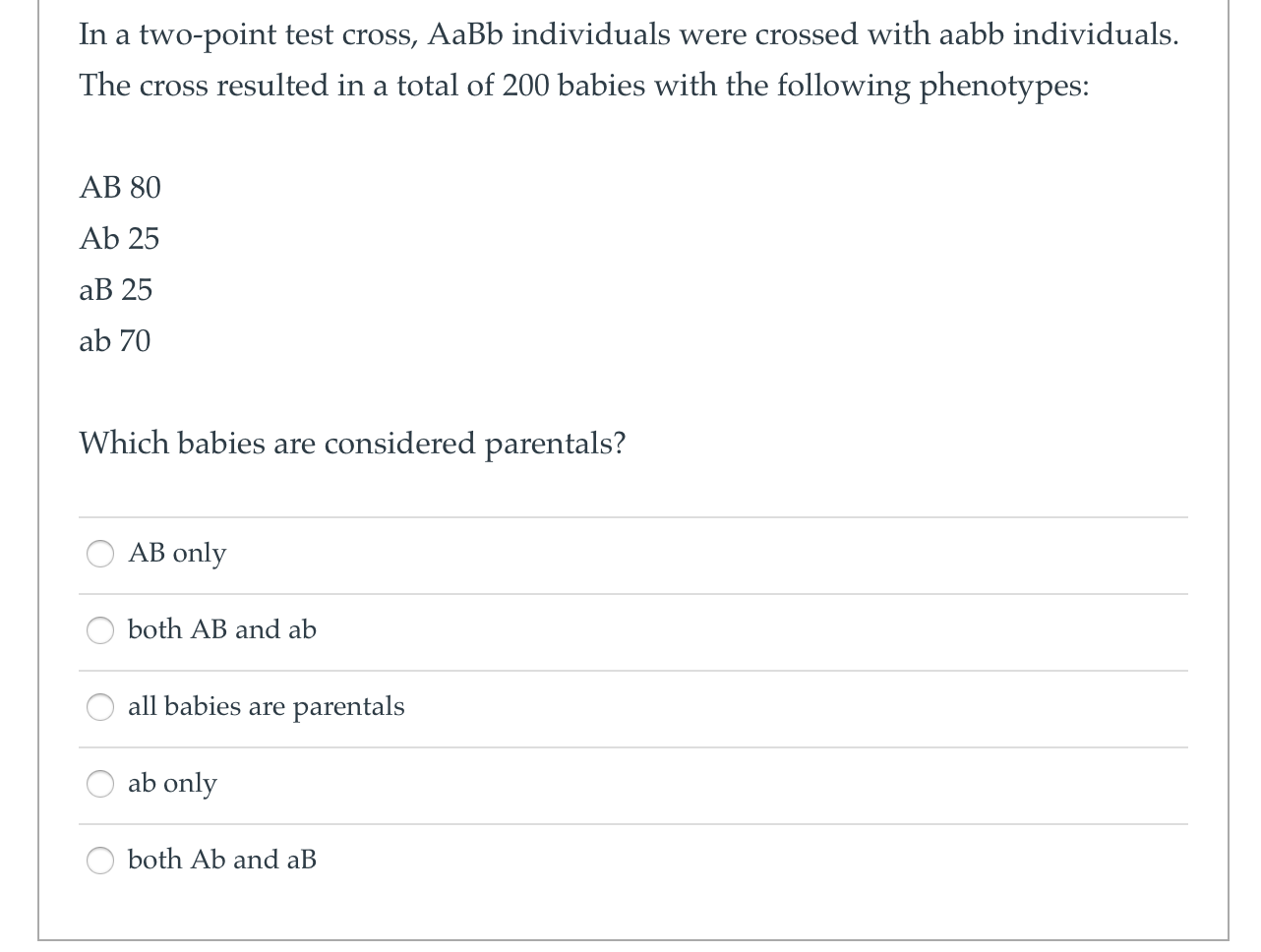 Solved In a two-point test cross, AaBb individuals were | Chegg.com