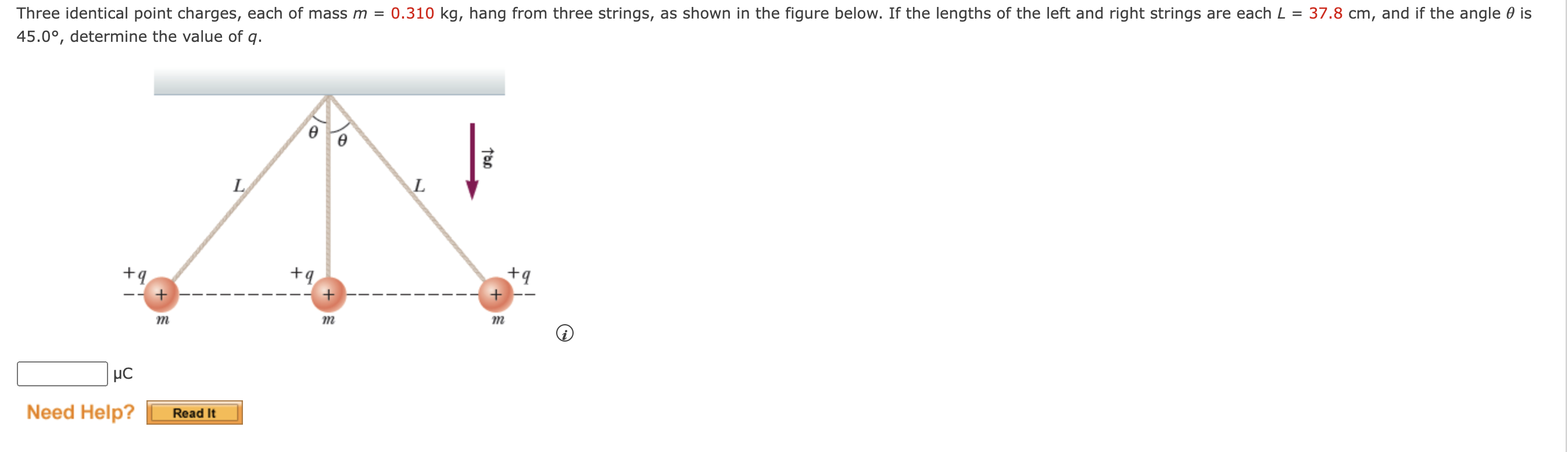 Solved m=0.310 kg, hang from three strings, as shown in the | Chegg.com
