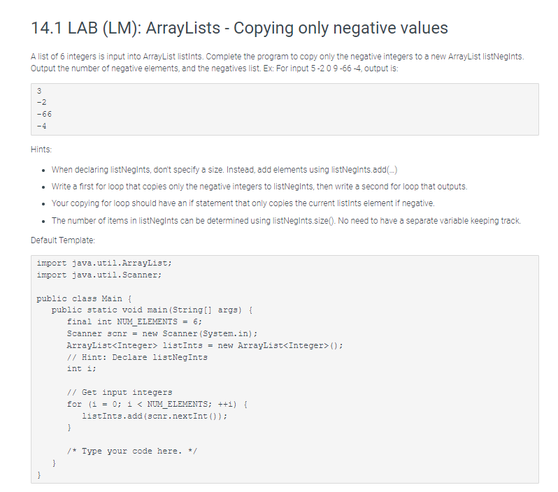Solved 14.1 LAB (LM): ArrayLists - Copying only negative | Chegg.com