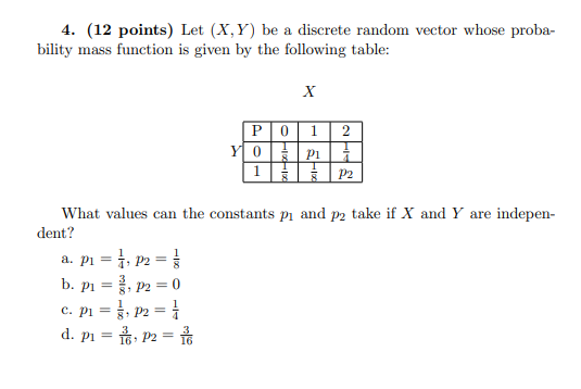 Solved 4. (12 points) Let (X,Y) be a discrete random vector | Chegg.com