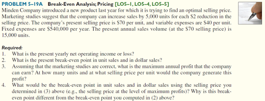 Solved PROBLEM 5-19A Break-Even Analysis; Pricing [LO5–1, | Chegg.com
