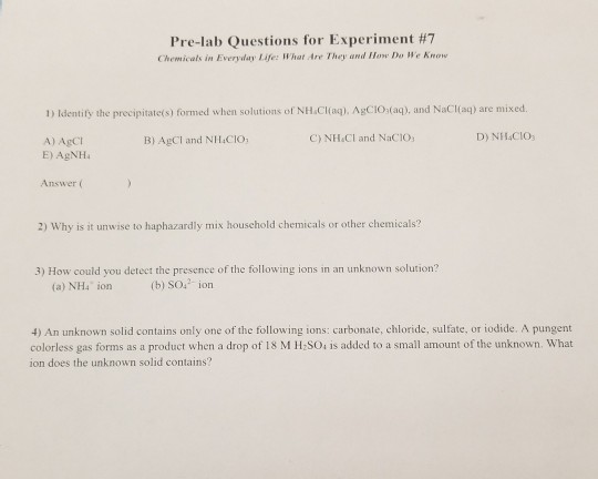 Solved Pre-lab Questions for Experiment #7 Chemicals in | Chegg.com