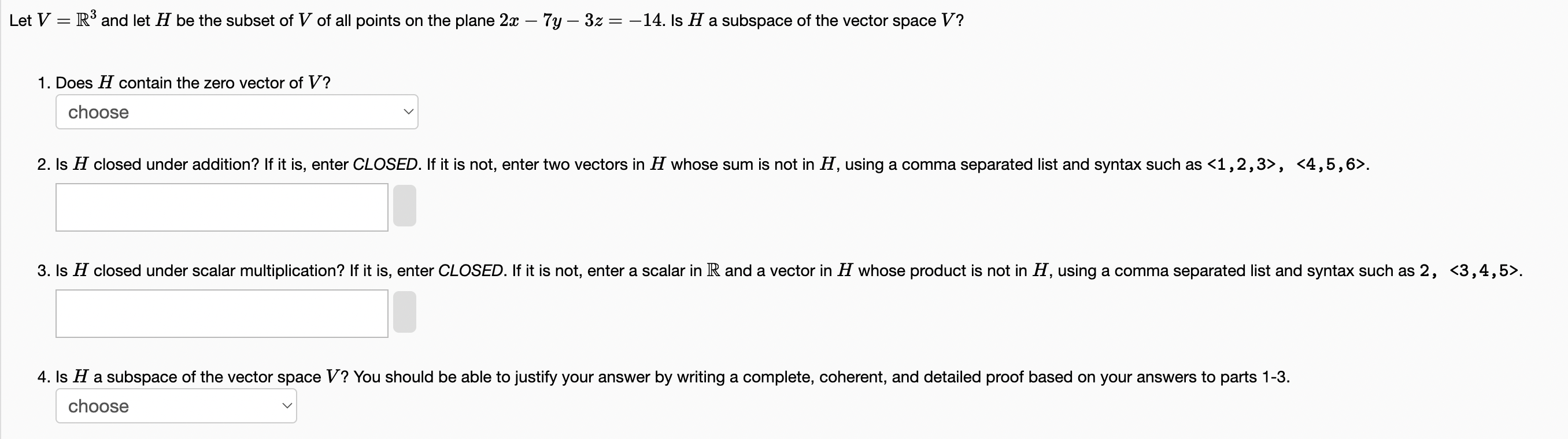 Solved Let V=R3 and let H be the subset of V of all points | Chegg.com