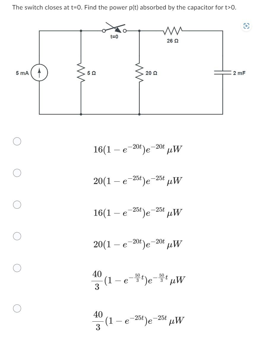 Solved The switch closes at t=0. Find the power p(t) | Chegg.com