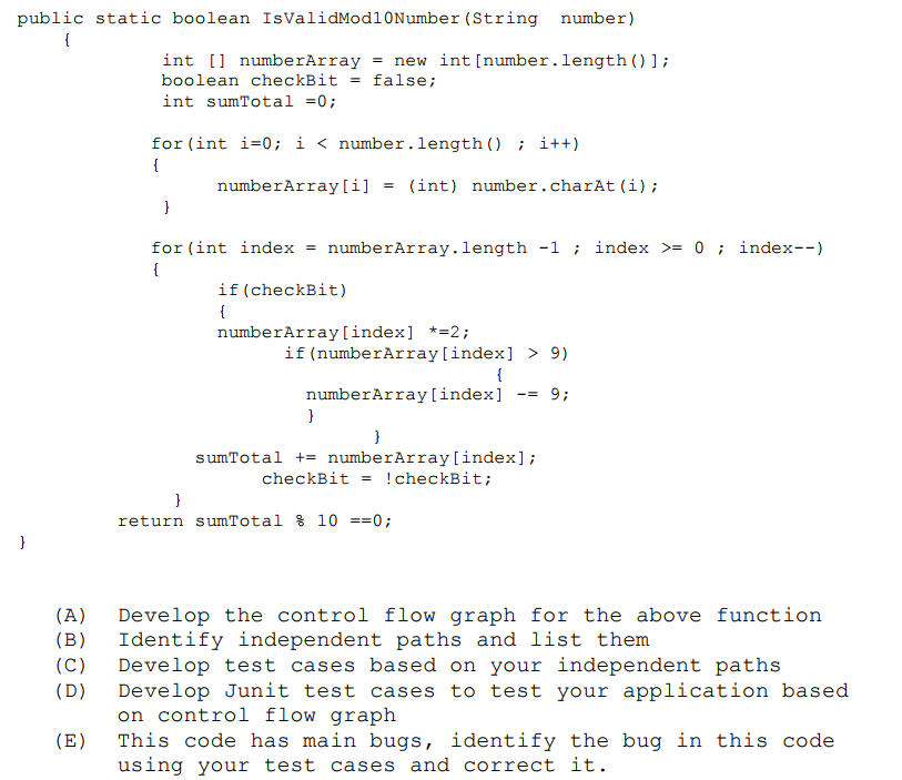 public static boolean IsValidMod10Number (String | Chegg.com