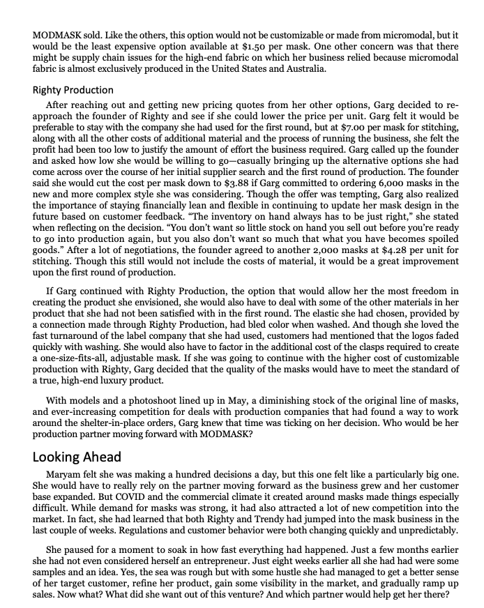 MODMASK: Starting Up in a Pandemic Bzzz. Bzzzzz. | Chegg.com