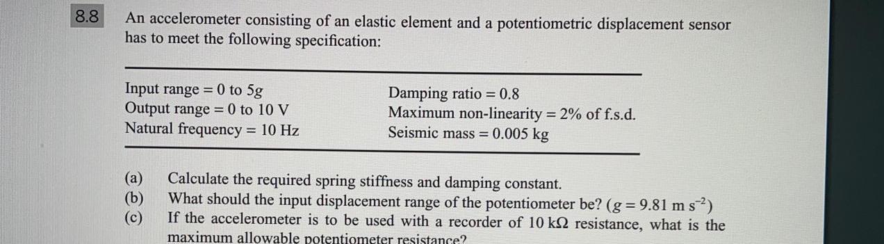 Solved 8.8 An accelerometer consisting of an elastic element | Chegg.com