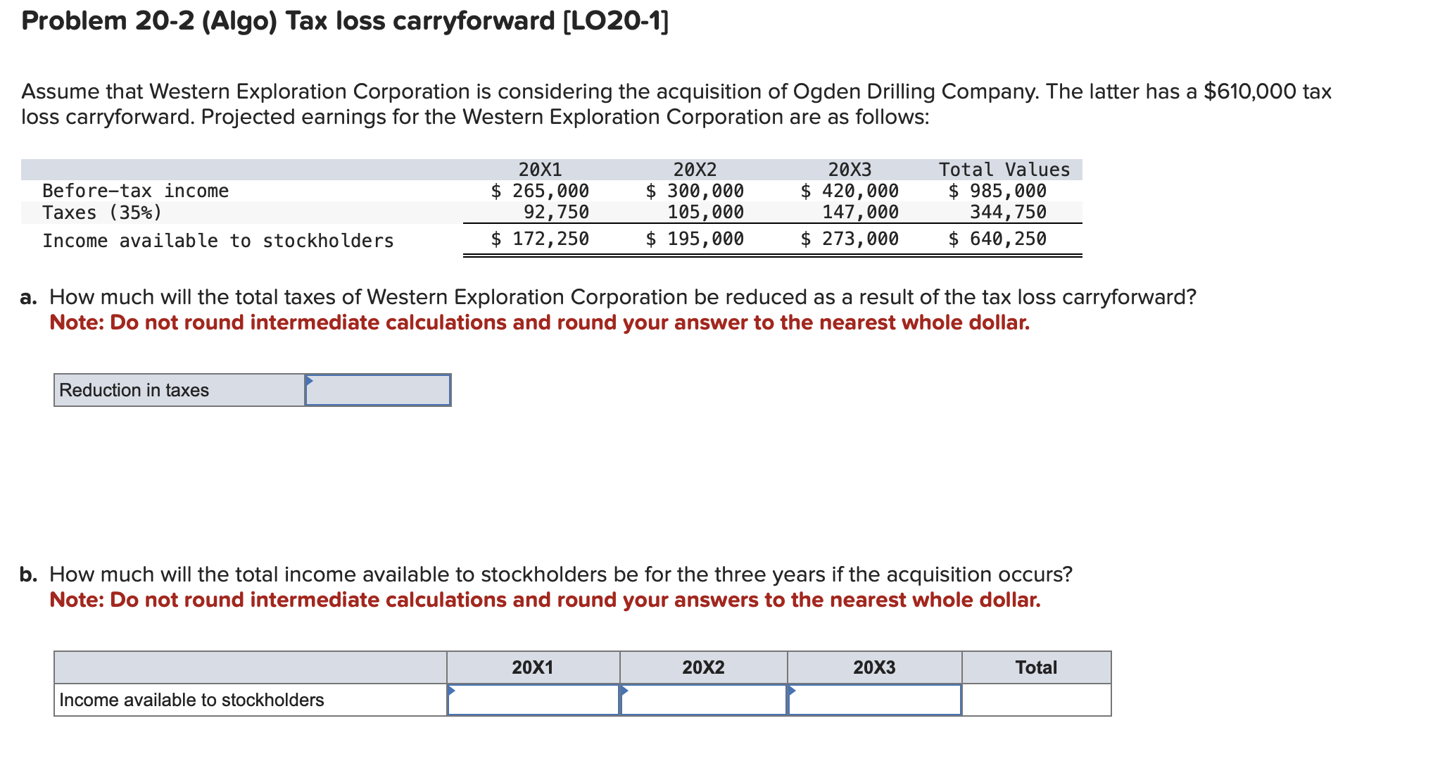 Solved Problem 20-2 (Algo) Tax loss carryforward [LO20-1] | Chegg.com