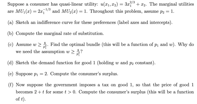 Solved Suppose a consumer has quasi-linear utility: u(x1, | Chegg.com