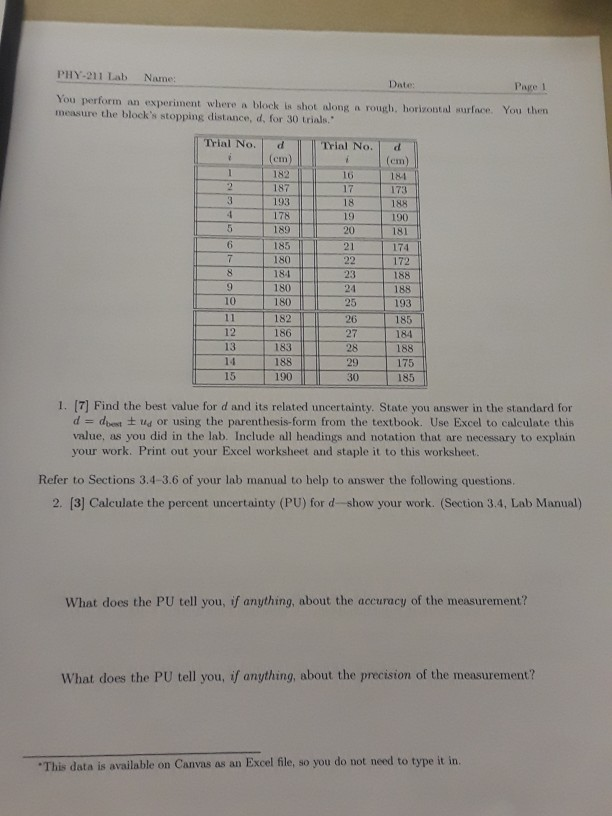 Solved PHY-211 Lab Name: Date: Page 1 You perform an | Chegg.com