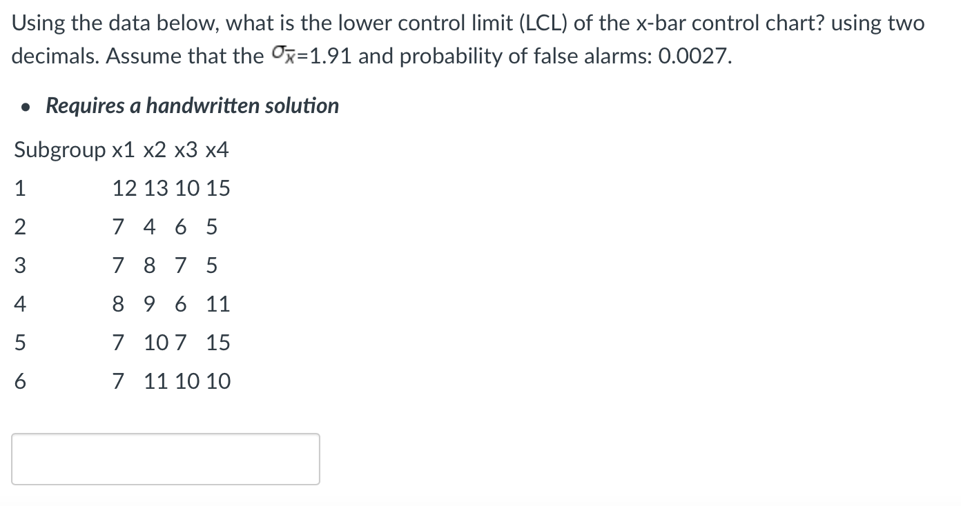 Solved Using the data below, what is the lower control limit | Chegg.com