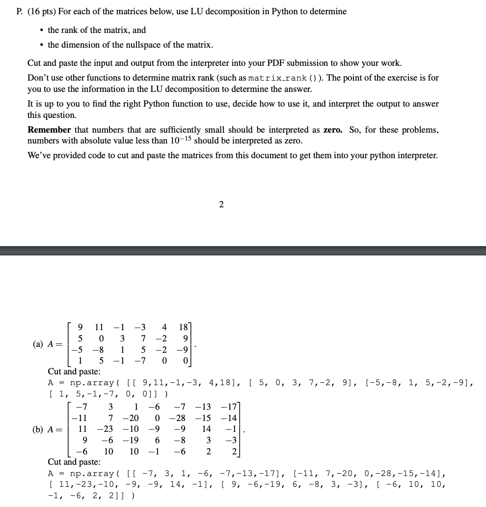 Solved P. (16 pts) For each of the matrices below, use LU | Chegg.com