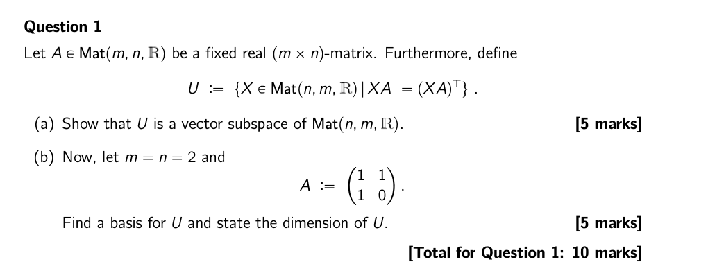 Solved Question 1 Let A∈Mat(m,n,R) be a fixed real | Chegg.com
