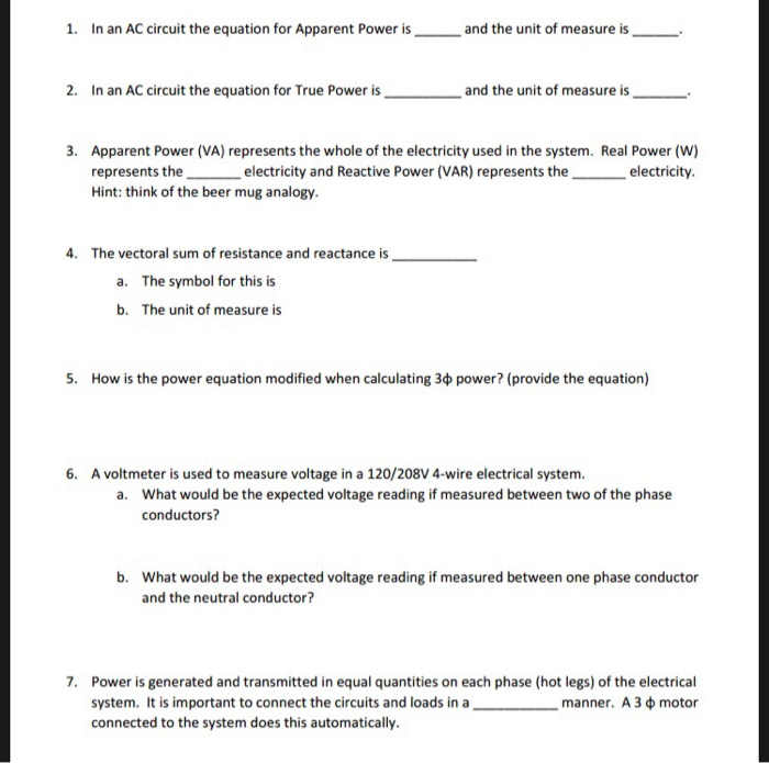 Solved 1. In an AC circuit the equation for Apparent Power | Chegg.com