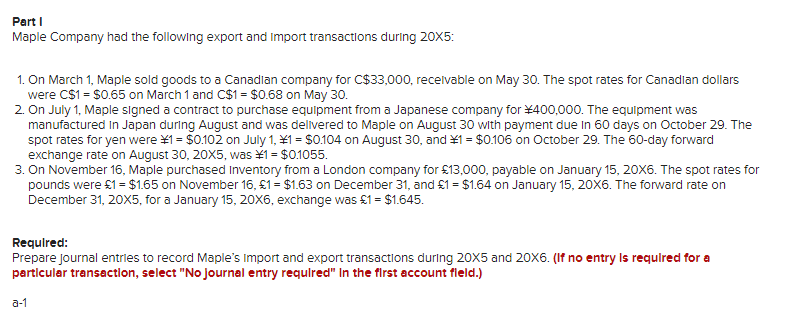 Solved Part I Maple Company had the following export and | Chegg.com