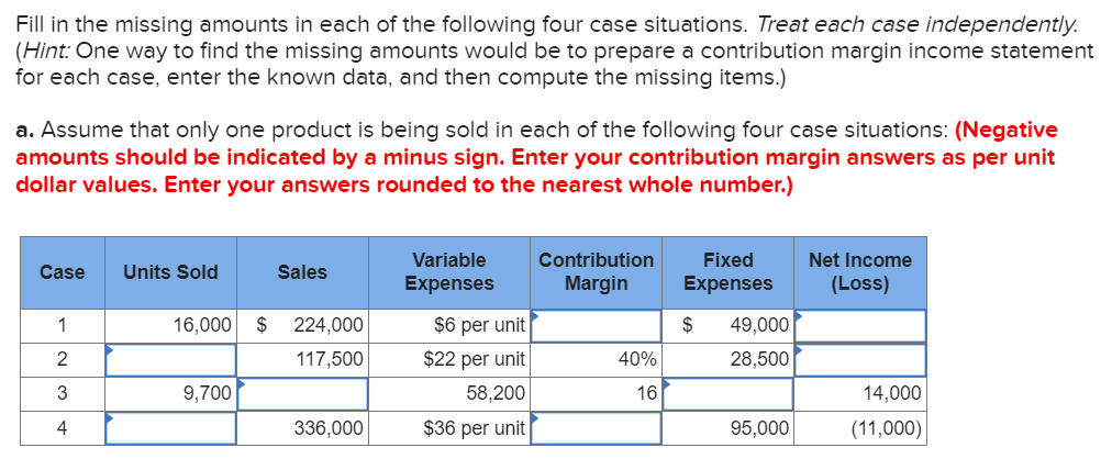 Solved Fill in the missing amounts in each of the following | Chegg.com
