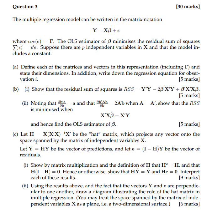 Solved [30 marks Question 3 The multiple regression model | Chegg.com