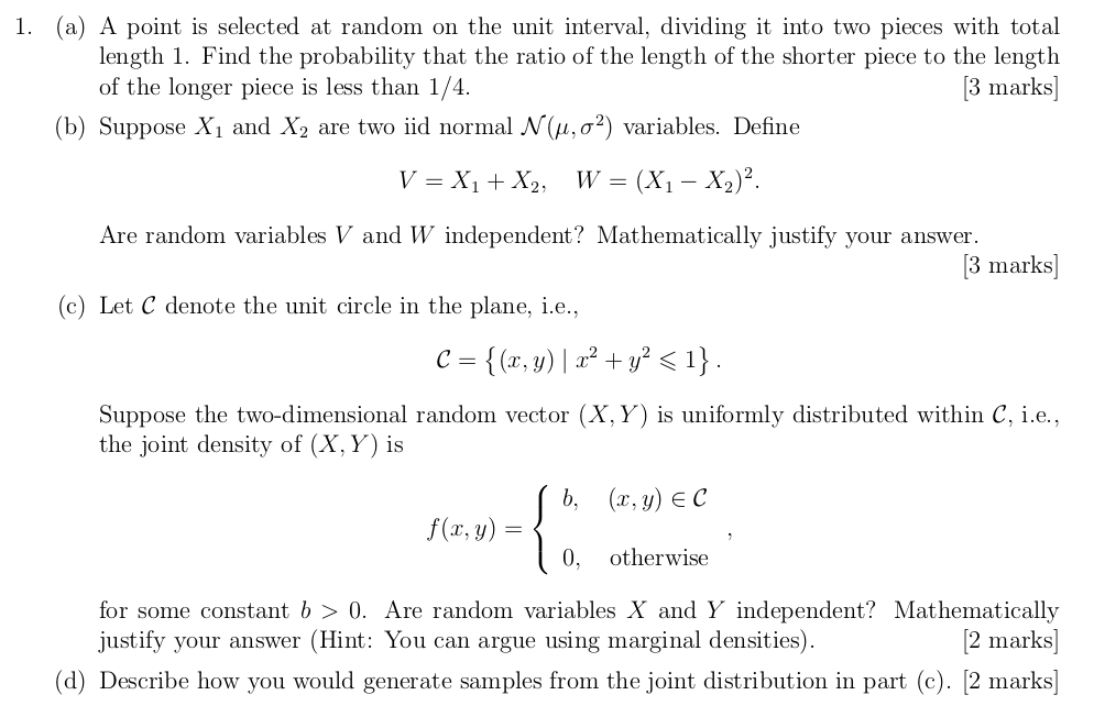 Solved 1. (a) A point is selected at random on the unit | Chegg.com
