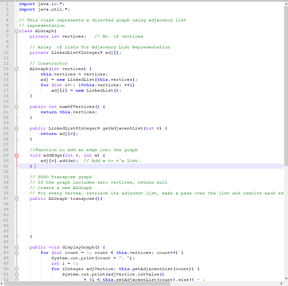 Solved just need the TODO part // TODO Transpose graph | Chegg.com