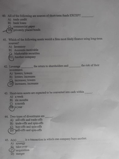 Solved 40. All of the following are sources of short-term | Chegg.com