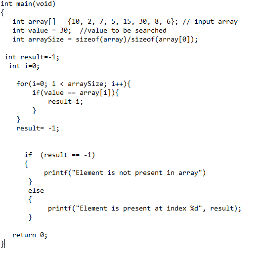 Solved int main(void) { int array[] {10, 2, 7, 5, 15, 30, 8, | Chegg.com
