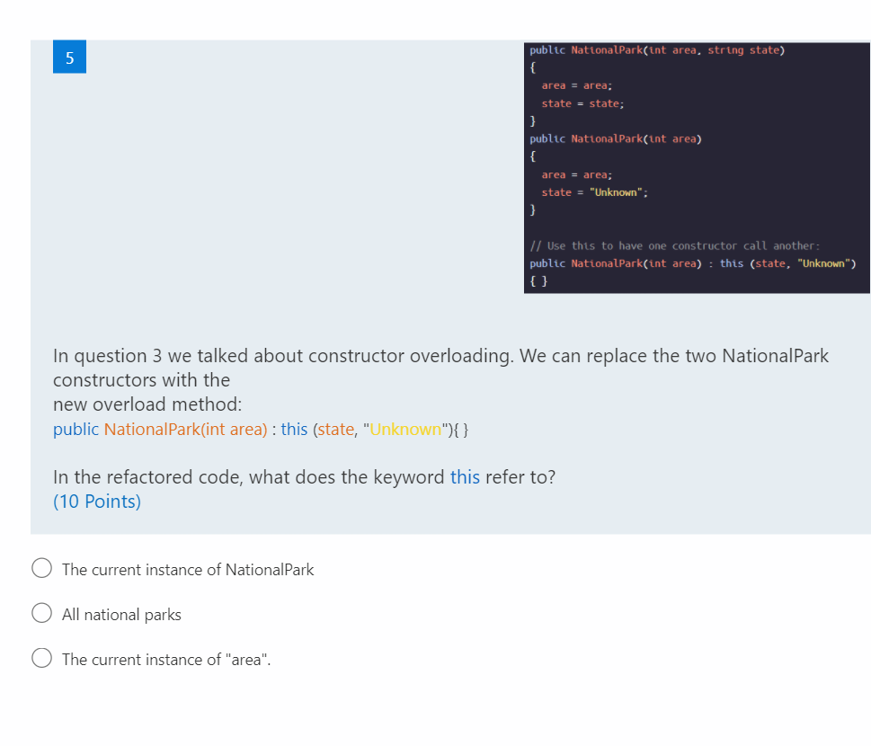 Solved 5 public Nationalpark(int area, string state) { area | Chegg.com