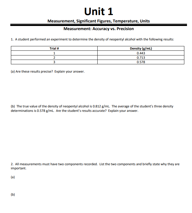 Solved Unit 1 Measurement, Significant Figures, Temperature, | Chegg.com