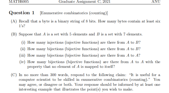 Solved MATH6005 Graduate Assignment C, 2021 ANU Question 1 | Chegg.com