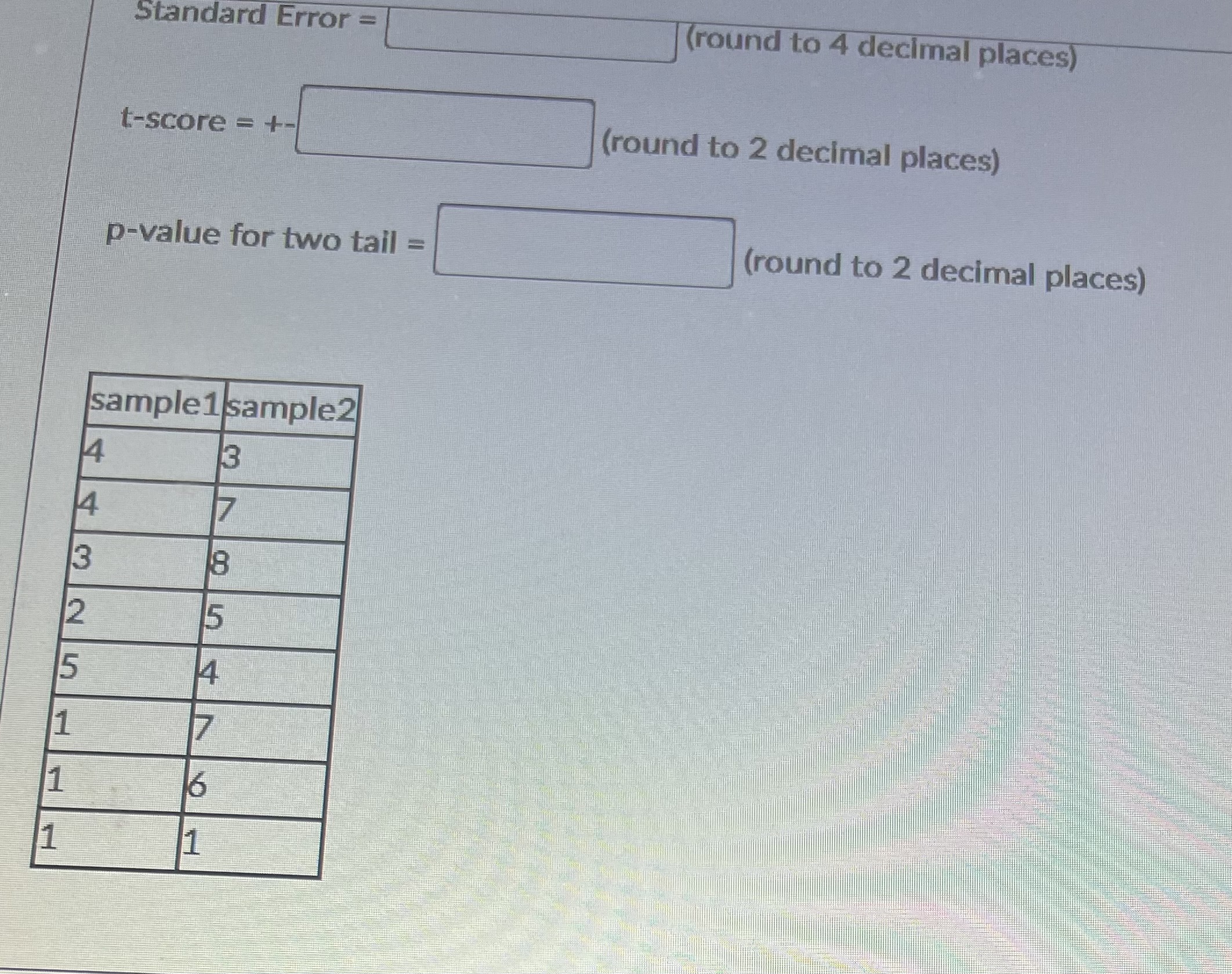 Solved Use the independent samples data below to find the | Chegg.com