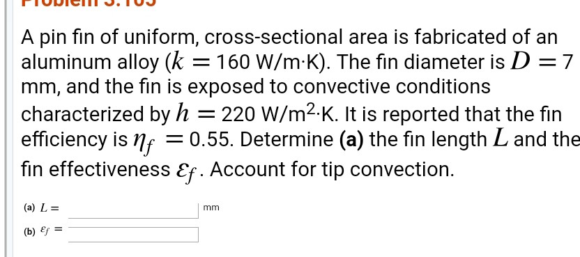 Solved A pin fin of uniform, cross-sectional area is | Chegg.com