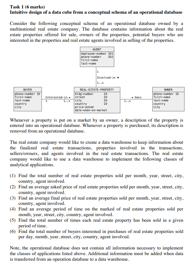 Task 1 (6 marks) Intuitive design of a data cube from | Chegg.com