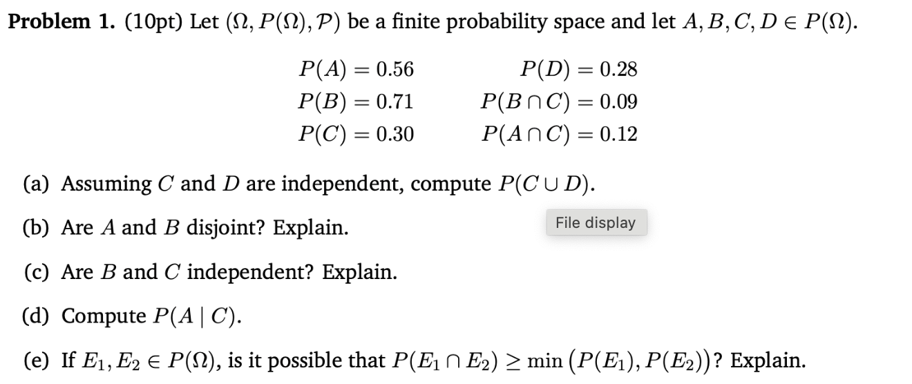 Solved Problem 1. (10pt) Let (Ω,P(Ω),P) be a finite | Chegg.com