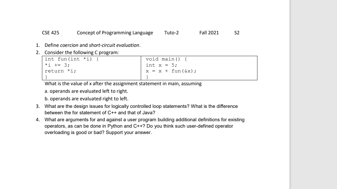Solved CSE 425 Concept of Programming Language Tuto-2 Fall | Chegg.com