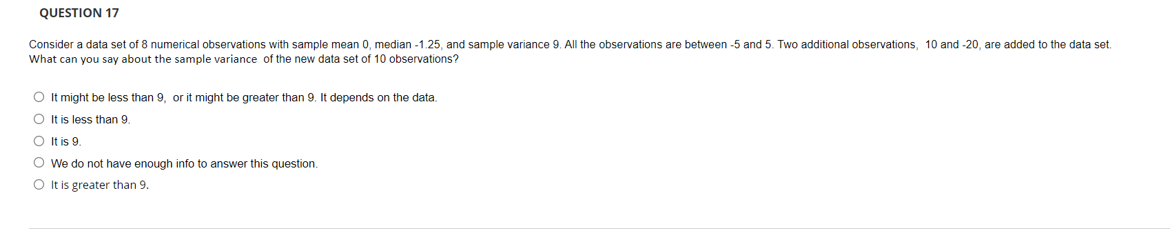 Solved QUESTION 17 Consider a data set of 8 numerical | Chegg.com